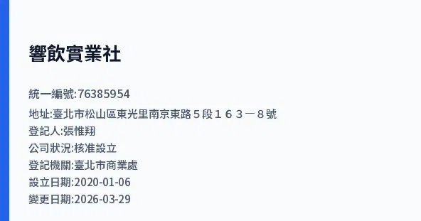 響飲實業社的照片-統編 76385954(臺北市) 公司登記資料與營業項目詳細圖表