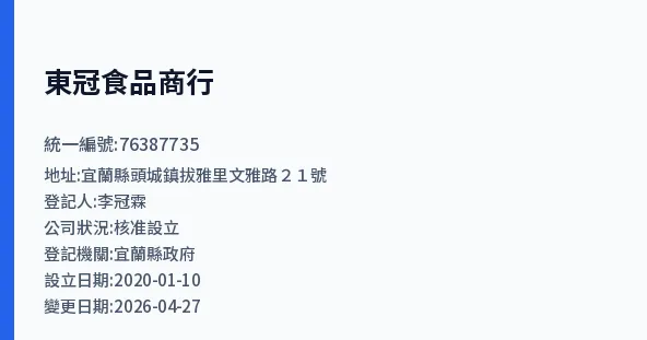 東冠食品商行的照片-統編 76387735(宜蘭縣) 公司登記資料與營業項目詳細圖表
