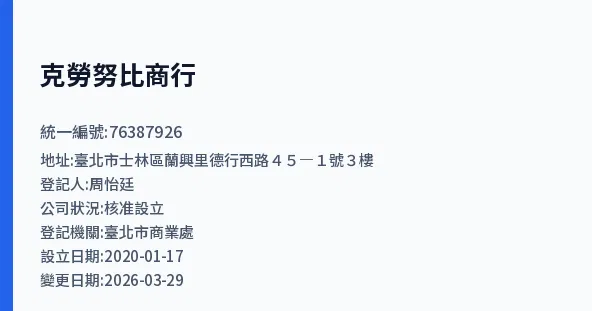 克勞努比商行的照片-統編 76387926(臺北市) 公司登記資料與營業項目詳細圖表