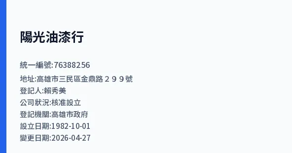 陽光油漆行的照片-統編 76388256(高雄市) 公司登記資料與營業項目詳細圖表
