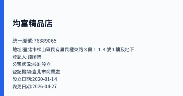 均富精品店的照片-統編 76389065(臺北市) 公司登記資料與營業項目詳細圖表