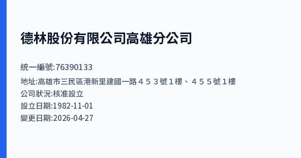 德林股份有限公司高雄分公司的照片-統編 76390133(高雄市) 公司登記資料與營業項目詳細圖表