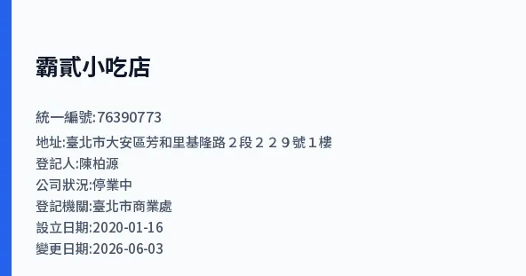 霸貳小吃店的照片-統編 76390773(臺北市) 公司登記資料與營業項目詳細圖表