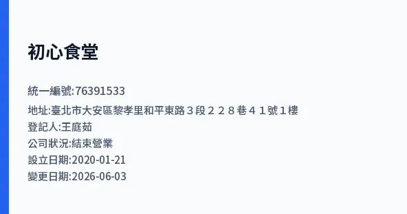 初心食堂的照片-統編 76391533(臺北市) 公司登記資料與營業項目詳細圖表