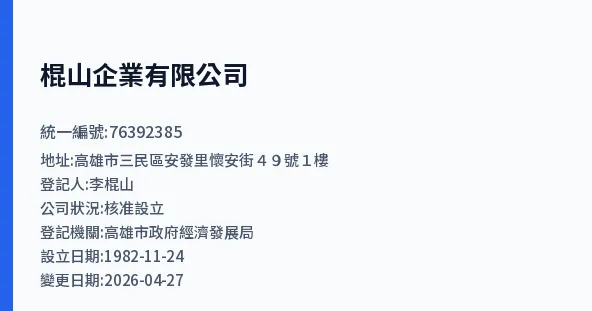 棍山企業有限公司的照片-統編 76392385(高雄市) 公司登記資料與營業項目詳細圖表