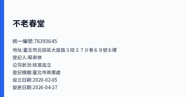 不老春堂的照片-統編 76393645(臺北市) 公司登記資料與營業項目詳細圖表