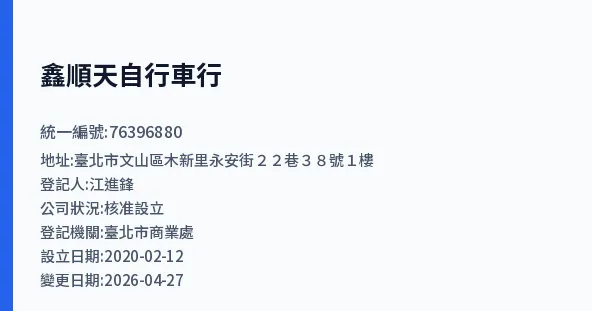 鑫順天自行車行的照片-統編 76396880(臺北市) 公司登記資料與營業項目詳細圖表