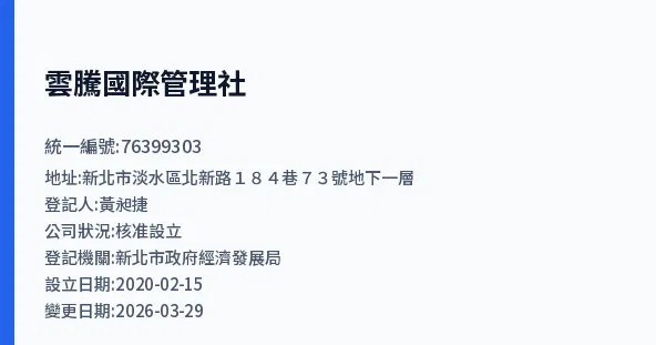 雲騰國際管理社的照片-統編 76399303(新北市) 公司登記資料與營業項目詳細圖表