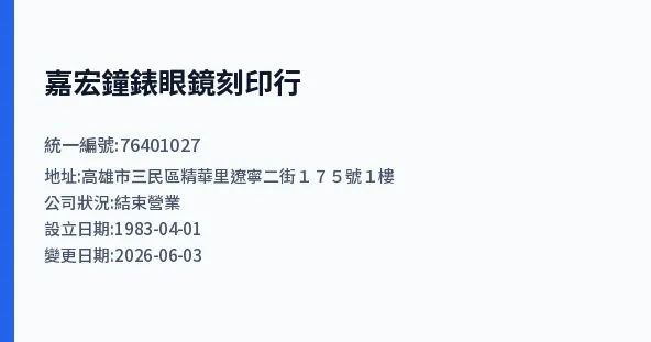 嘉宏鐘錶眼鏡刻印行的照片-統編 76401027(高雄市) 公司登記資料與營業項目詳細圖表