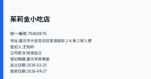 茱莉金小吃店的照片-統編 76403876(臺北市) 公司登記資料與營業項目詳細圖表