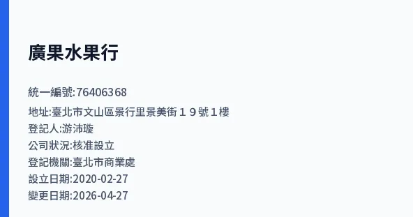 廣果水果行的照片-統編 76406368(臺北市) 公司登記資料與營業項目詳細圖表