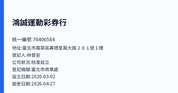 鴻誠運動彩券行的照片-統編 76406584(臺北市) 公司登記資料與營業項目詳細圖表