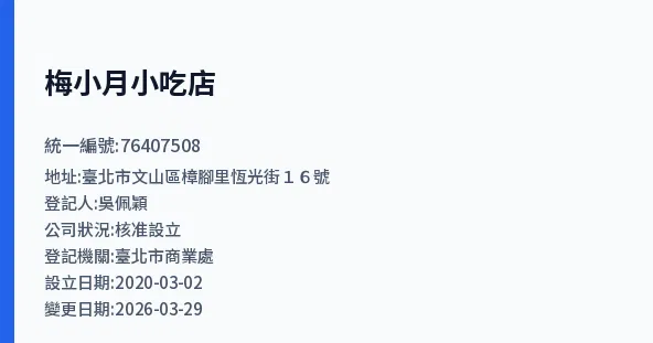 梅小月小吃店的照片-統編 76407508(臺北市) 公司登記資料與營業項目詳細圖表