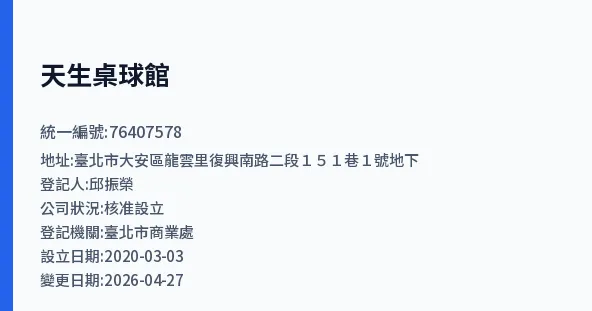 天生桌球館的照片-統編 76407578(臺北市) 公司登記資料與營業項目詳細圖表