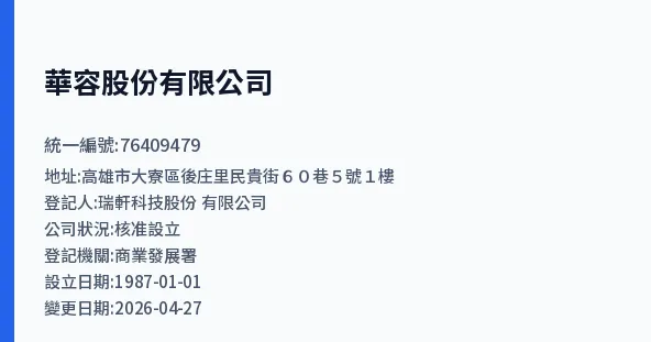 華容股份有限公司的照片-統編 76409479(高雄市) 公司登記資料與營業項目詳細圖表