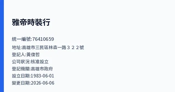 雅帝時裝行的照片-統編 76410659(高雄市) 公司登記資料與營業項目詳細圖表