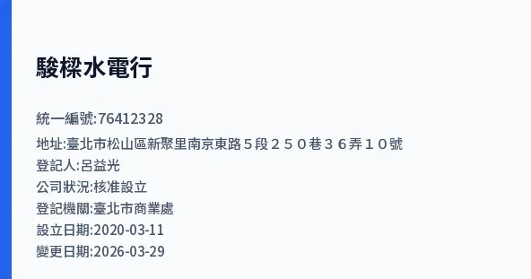 駿樑水電行的照片-統編 76412328(臺北市) 公司登記資料與營業項目詳細圖表