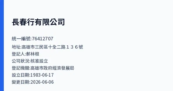 長春行有限公司的照片-統編 76412707(高雄市) 公司登記資料與營業項目詳細圖表