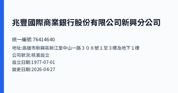 兆豐國際商業銀行股份有限公司新興分公司的照片-統編 76414640(高雄市) 公司登記資料與營業項目詳細圖表