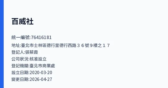 百威社的照片-統編 76416181(臺北市) 公司登記資料與營業項目詳細圖表