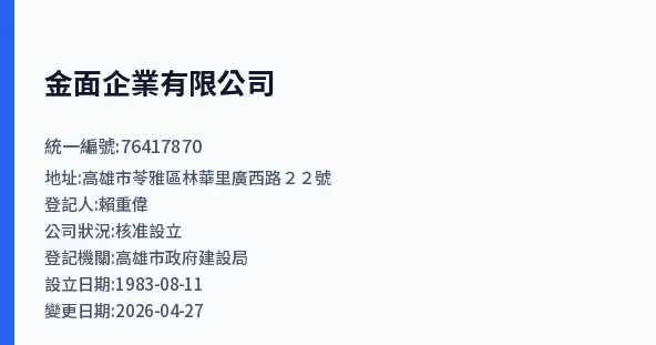 金面企業有限公司的照片-統編 76417870(高雄市) 公司登記資料與營業項目詳細圖表