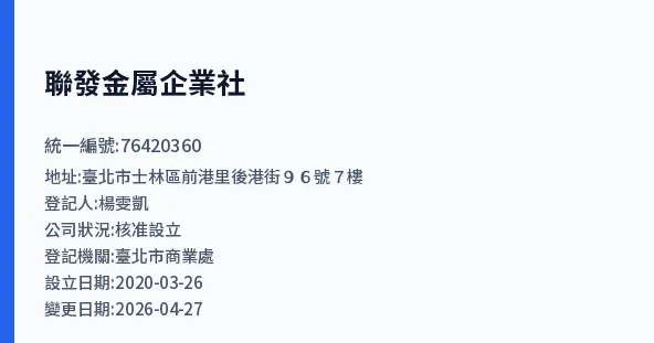 聯發金屬企業社的照片-統編 76420360(臺北市) 公司登記資料與營業項目詳細圖表