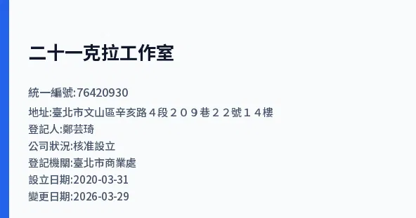 二十一克拉工作室的照片-統編 76420930(臺北市) 公司登記資料與營業項目詳細圖表