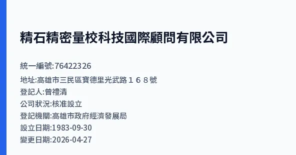 精石精密量校科技國際顧問有限公司的照片-統編 76422326(高雄市) 公司登記資料與營業項目詳細圖表