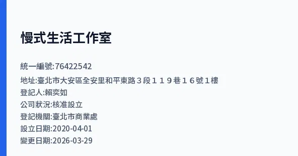 慢式生活工作室的照片-統編 76422542(臺北市) 公司登記資料與營業項目詳細圖表