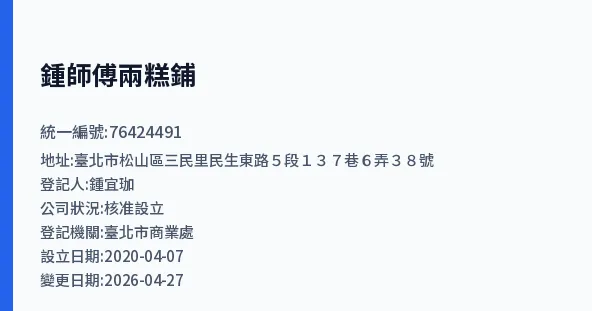 鍾師傅兩糕鋪的照片-統編 76424491(臺北市) 公司登記資料與營業項目詳細圖表