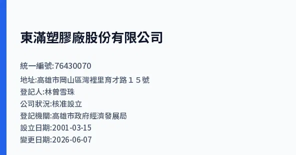 東滿塑膠廠股份有限公司的照片-統編 76430070(高雄市) 公司登記資料與營業項目詳細圖表