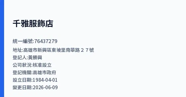 千雅服飾店的照片-統編 76437279(高雄市) 公司登記資料與營業項目詳細圖表