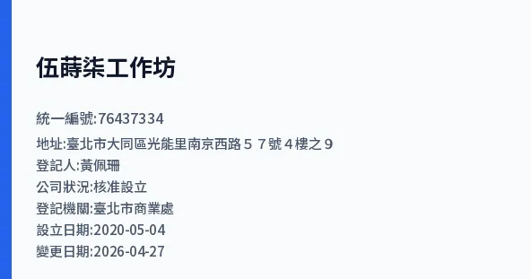 伍蒔柒工作坊的照片-統編 76437334(臺北市) 公司登記資料與營業項目詳細圖表