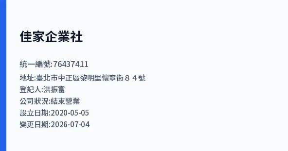 佳家企業社的照片-統編 76437411(臺北市) 公司登記資料與營業項目詳細圖表