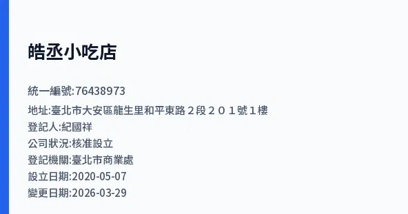 皓丞小吃店的照片-統編 76438973(臺北市) 公司登記資料與營業項目詳細圖表