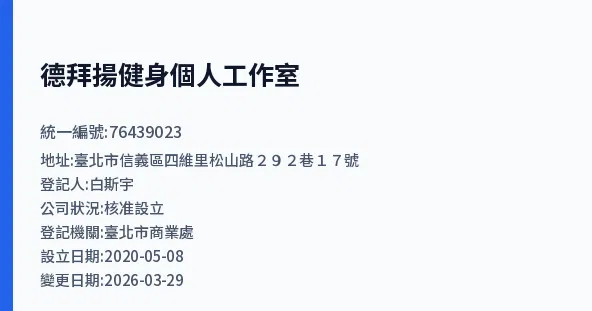 德拜揚健身個人工作室的照片-統編 76439023(臺北市) 公司登記資料與營業項目詳細圖表