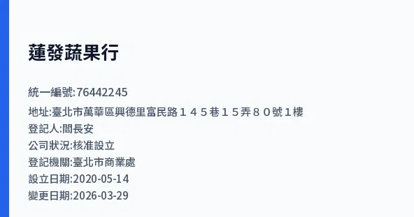 蓮發蔬果行的照片-統編 76442245(臺北市) 公司登記資料與營業項目詳細圖表