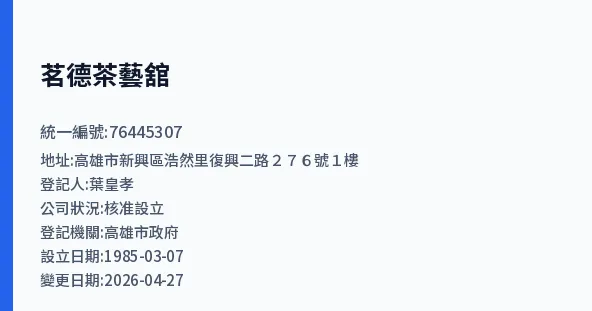 茗德茶藝舘的照片-統編 76445307(高雄市) 公司登記資料與營業項目詳細圖表