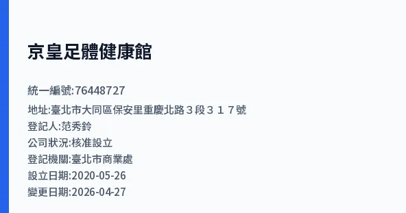 京皇足體健康館的照片-統編 76448727(臺北市) 公司登記資料與營業項目詳細圖表