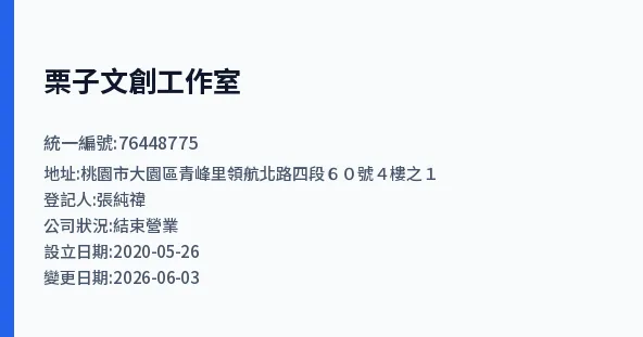 栗子文創工作室的照片-統編 76448775(桃園市) 公司登記資料與營業項目詳細圖表