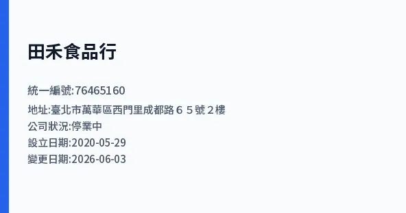田禾食品行的照片-統編 76465160(臺北市) 公司登記資料與營業項目詳細圖表