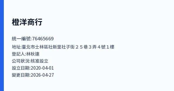 橙洋商行的照片-統編 76465669(臺北市) 公司登記資料與營業項目詳細圖表
