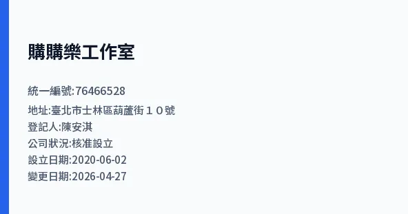 購購樂工作室的照片-統編 76466528(臺北市) 公司登記資料與營業項目詳細圖表