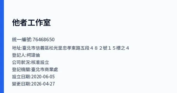他者工作室的照片-統編 76468650(臺北市) 公司登記資料與營業項目詳細圖表