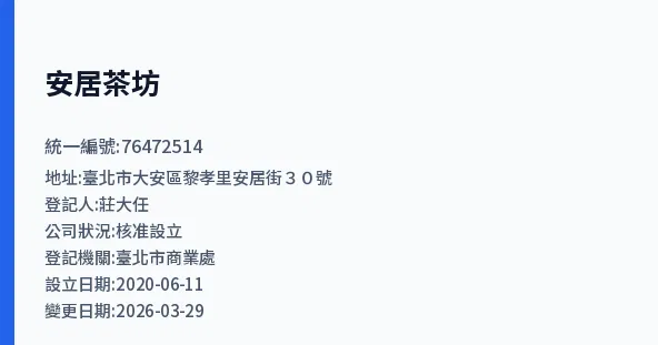 安居茶坊的照片-統編 76472514(臺北市) 公司登記資料與營業項目詳細圖表