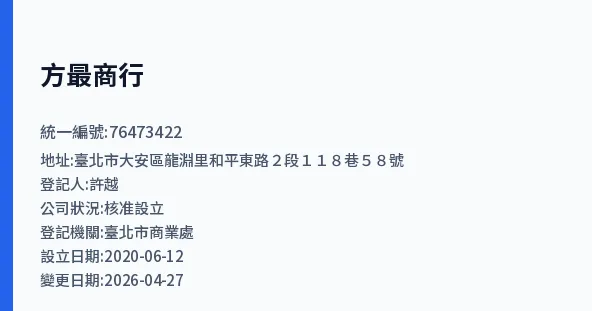 方最商行的照片-統編 76473422(臺北市) 公司登記資料與營業項目詳細圖表