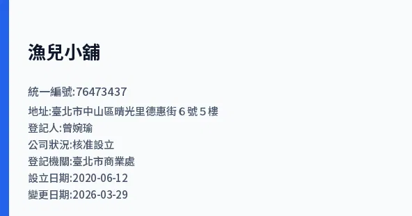 漁兒小舖的照片-統編 76473437(臺北市) 公司登記資料與營業項目詳細圖表