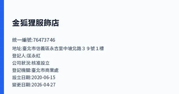 金狐狸服飾店的照片-統編 76473746(臺北市) 公司登記資料與營業項目詳細圖表