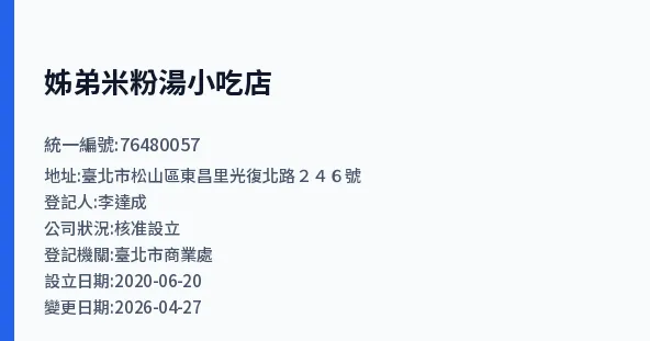 姊弟米粉湯小吃店的照片-統編 76480057(臺北市) 公司登記資料與營業項目詳細圖表