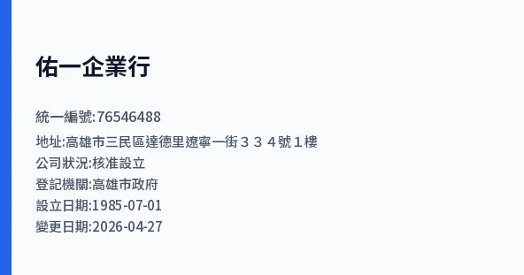 佑一企業行的照片-統編 76546488(高雄市) 公司登記資料與營業項目詳細圖表
